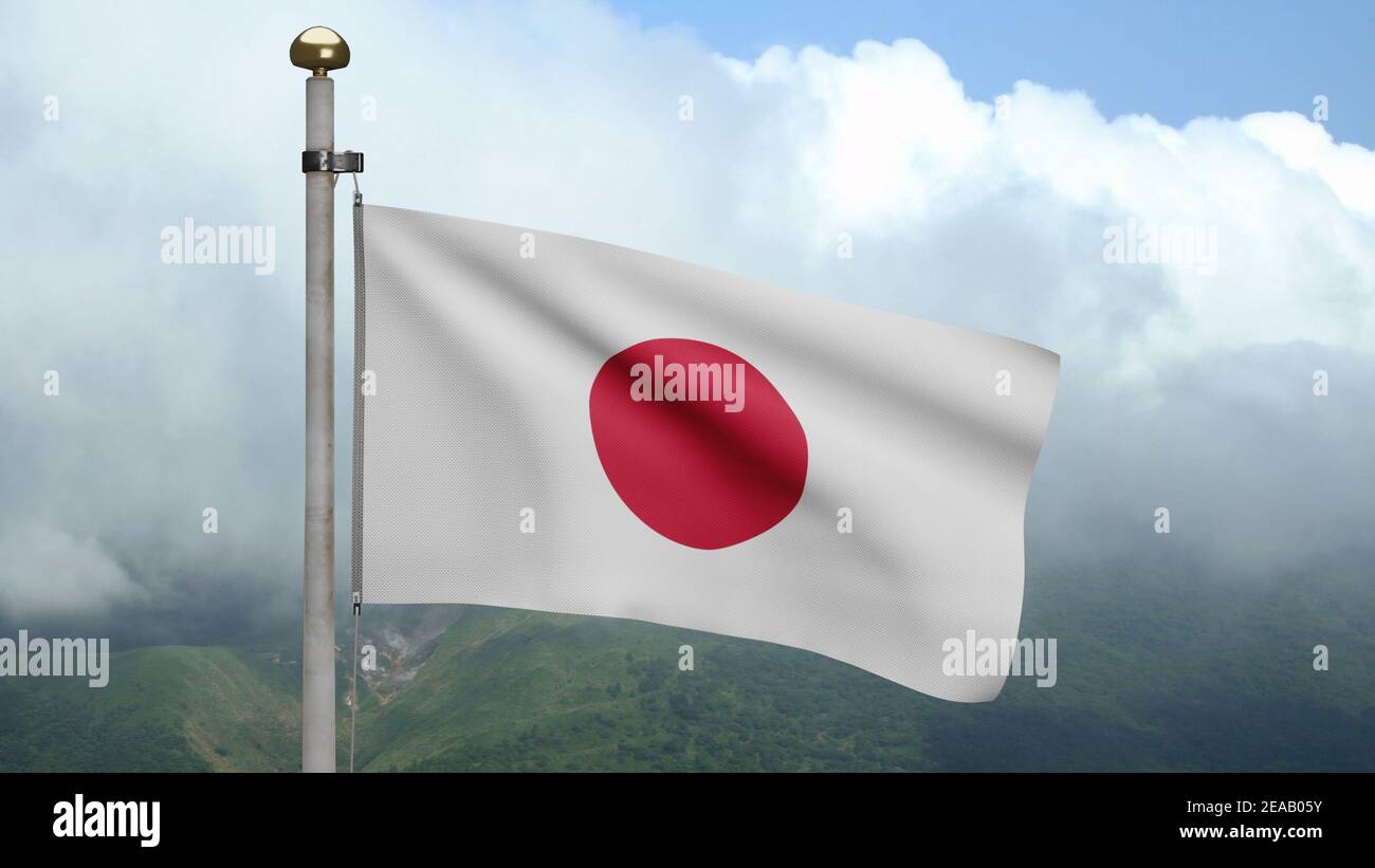Japanese flag waving in wind at mountain. Close up of Japan banner ...