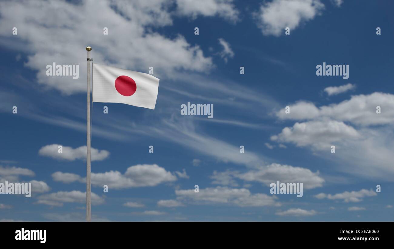 Japanese flag waving in wind with blue sky. Close up of Japan banner ...