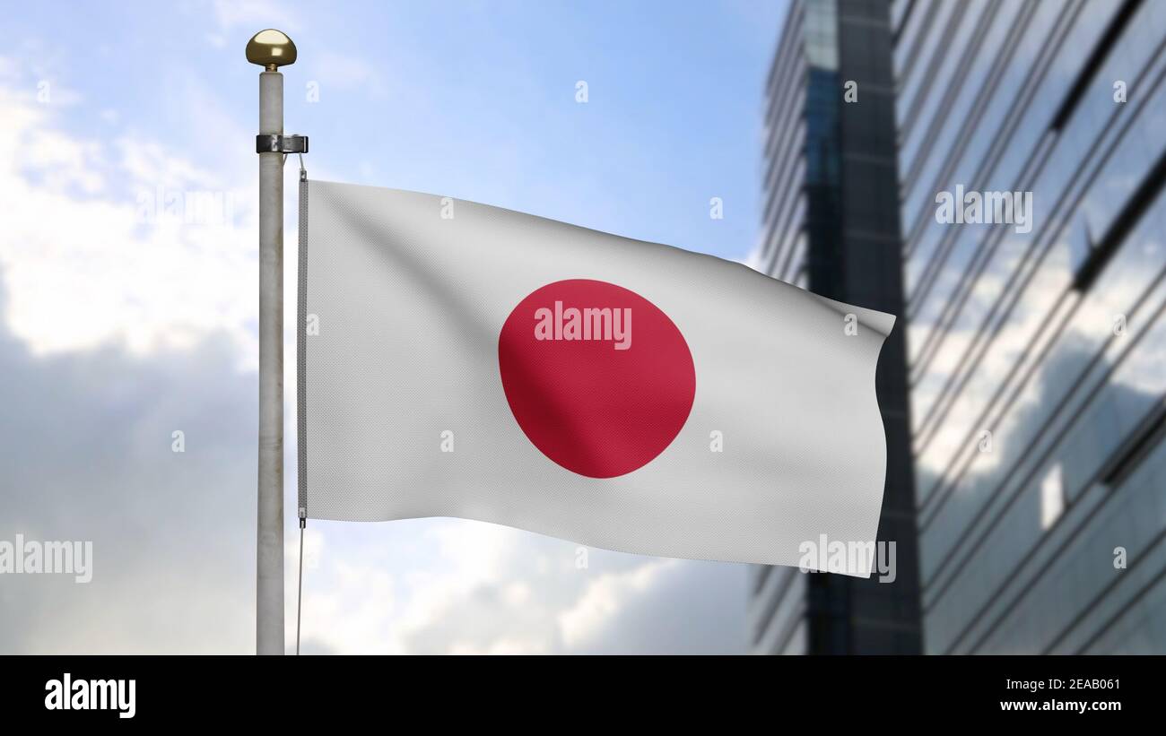 Japanese flag waving in wind at modern city. Close up of Japan banner ...