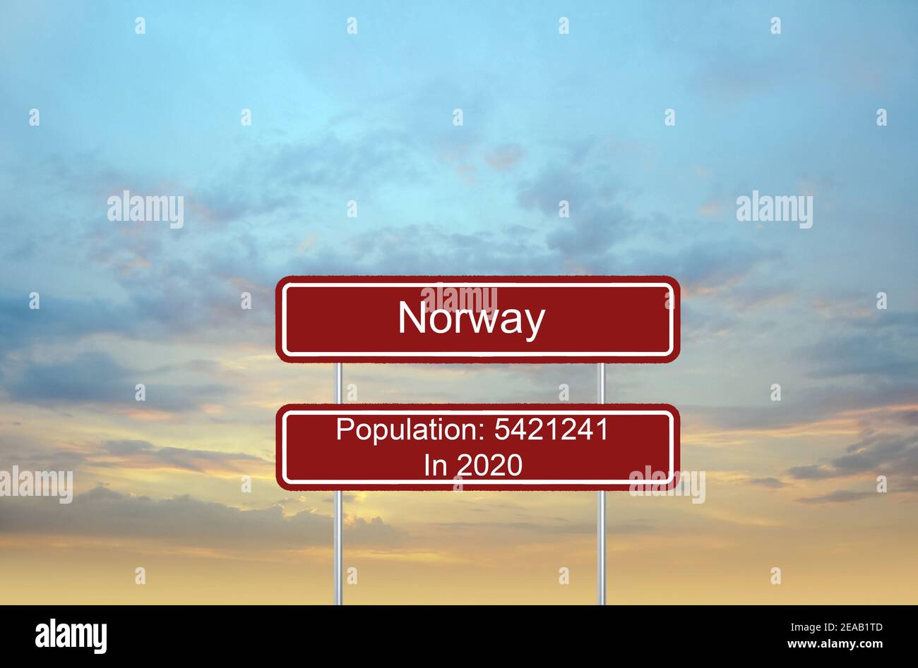 Red Norw road sign with the beautiful sunset sky in the background ...