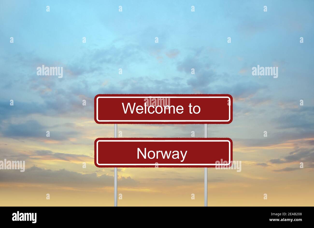 Red Welcome to Norway road sign with the beautiful sunset sky in the ...