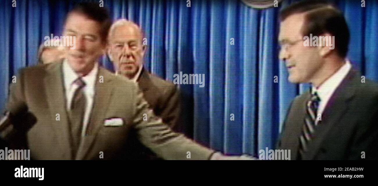 THE UNKNOWN KNOWN, front, from left: President Ronald Reagan, Donald ...