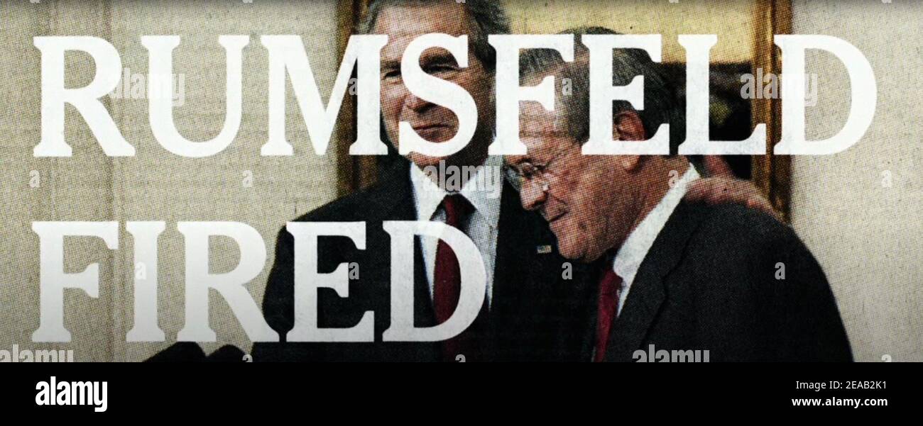 THE UNKNOWN KNOWN, from left: President George W. Bush, Donald Rumsfeld ...