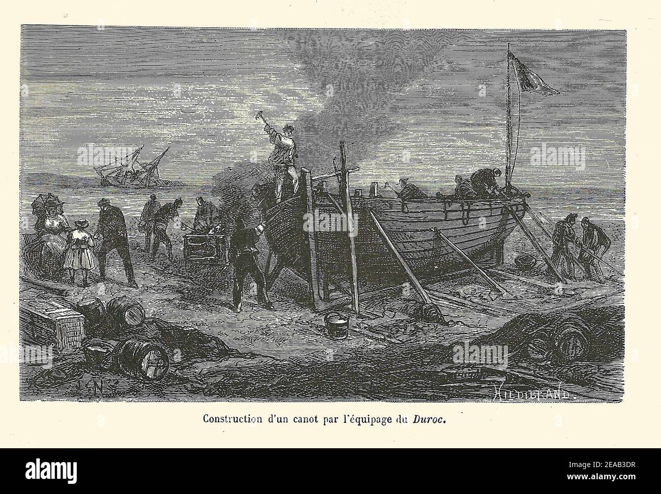 Naufrage du Duroc-construction d'un canot de sauvetage-gravure Stock ...