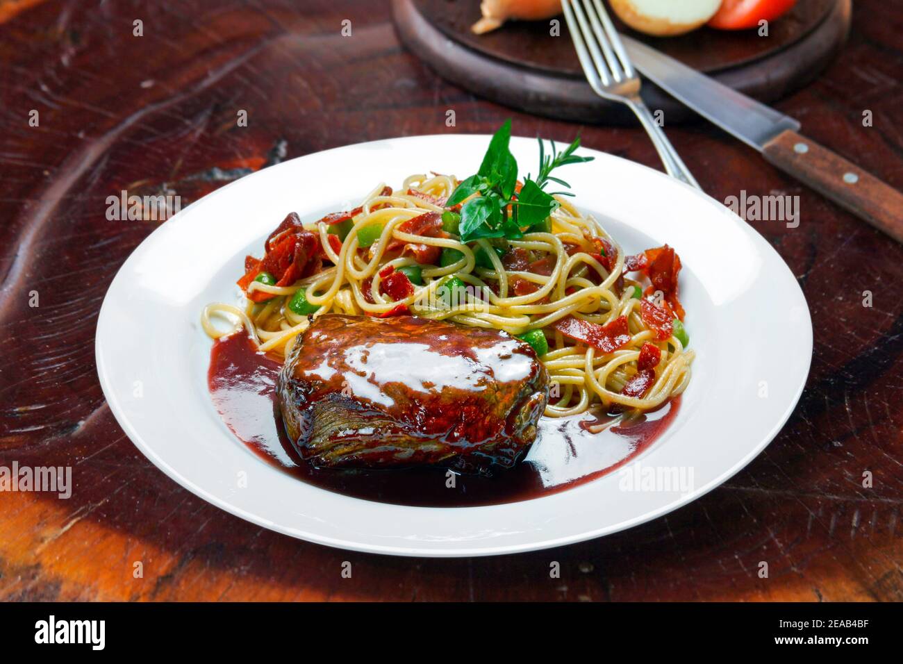 Filet mignon with pasta food Stock Photo - Alamy