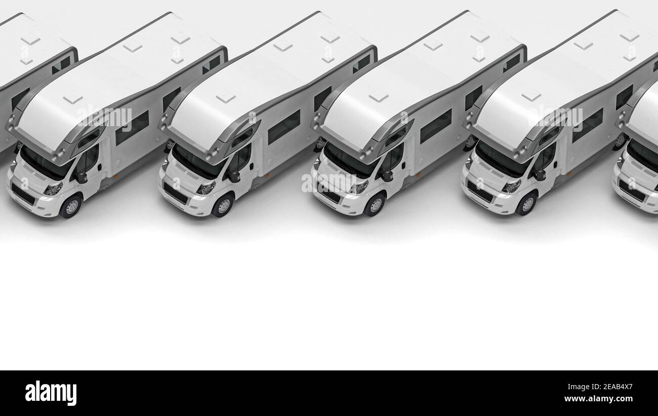 row of camping cars with copy space above view. 3d rendering Stock ...