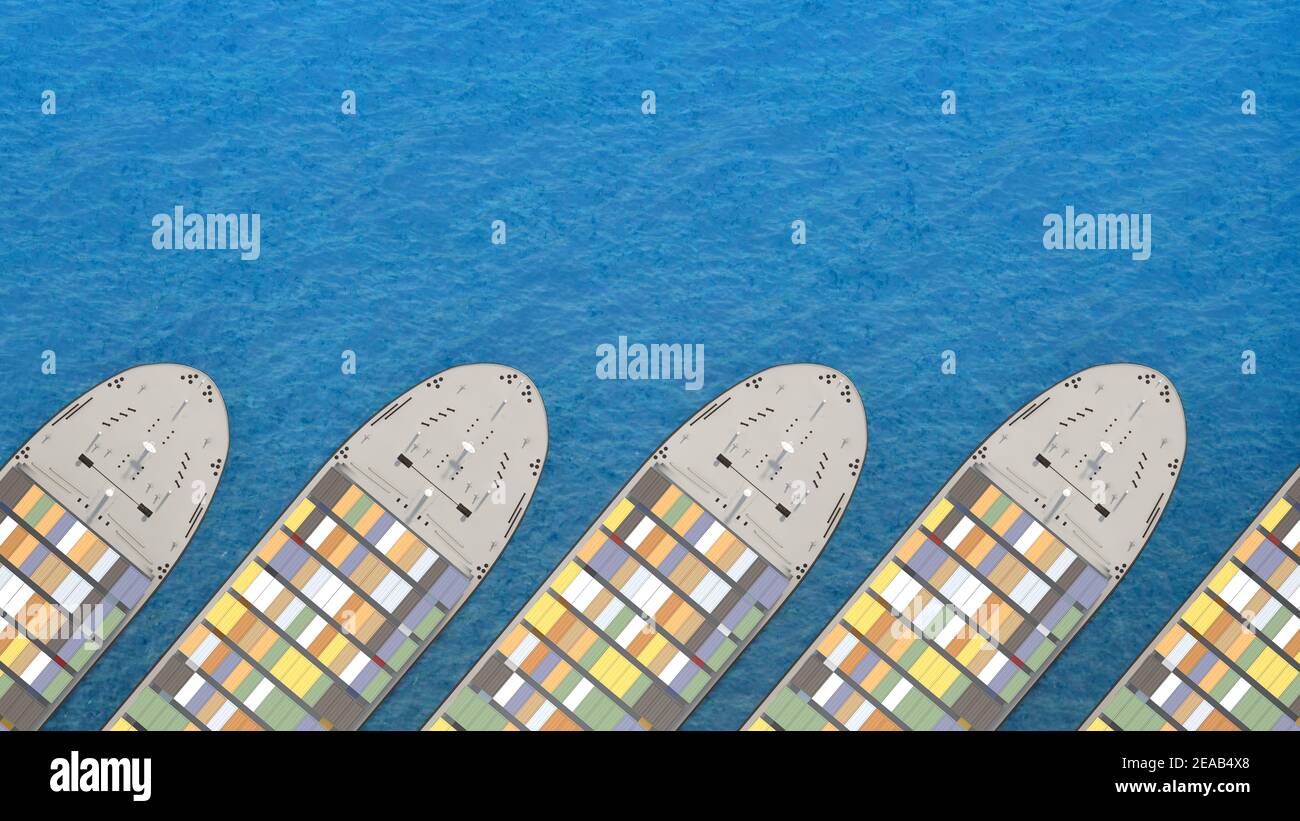 group container ship on sea top view with copy space. 3d rendering ...
