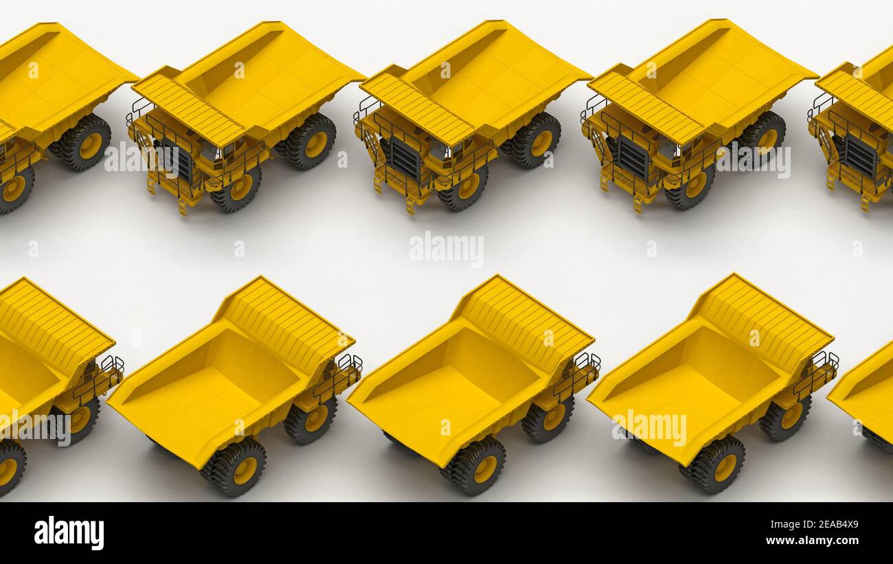 row of dump trucks above view. 3d rendering Stock Photo - Alamy