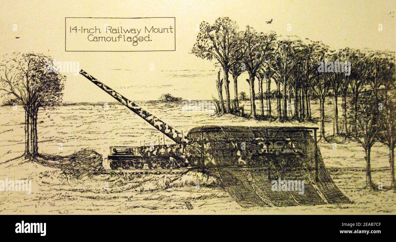 Naval Railway Battery MK 1, drawing of camouflaged 14” railway mount ...