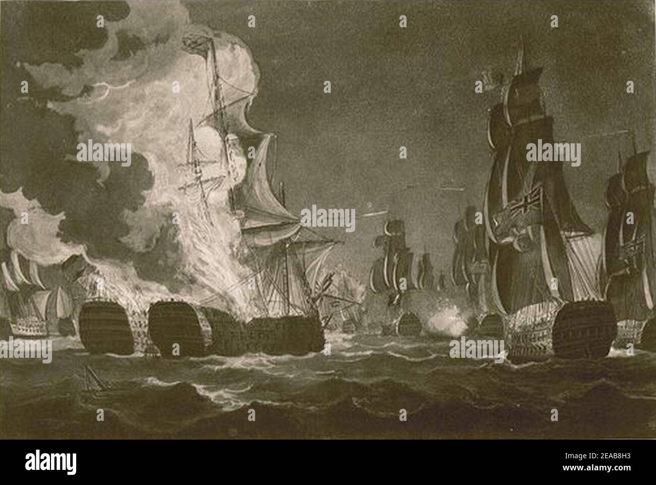 Navio Real Carlos y San Hermenegildo en llamas Stock Photo - Alamy