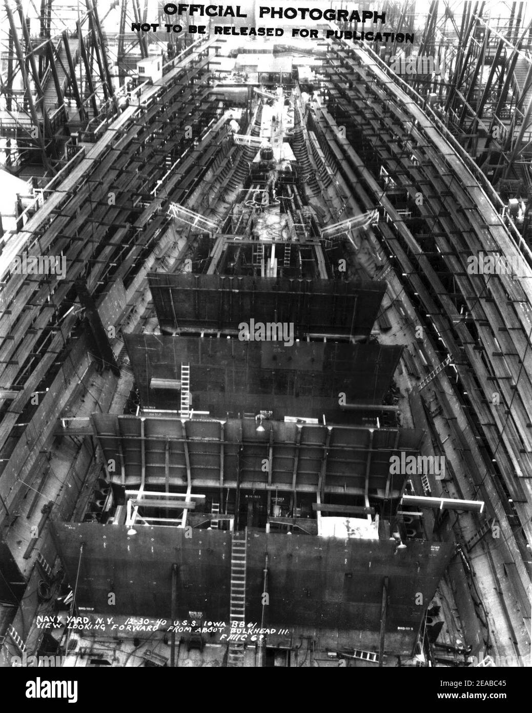 Navy Yard, N.Y. 12-30-40 U.S.S. Iowa BB61 view looking forward from ...