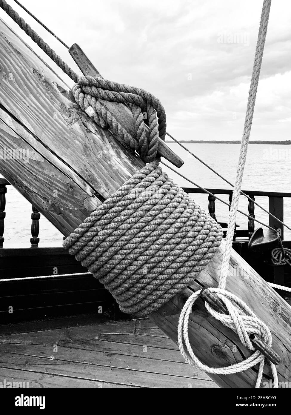 Jib boom wrapped in ropes on the historic merchant ship Lisa von Lübeck ...