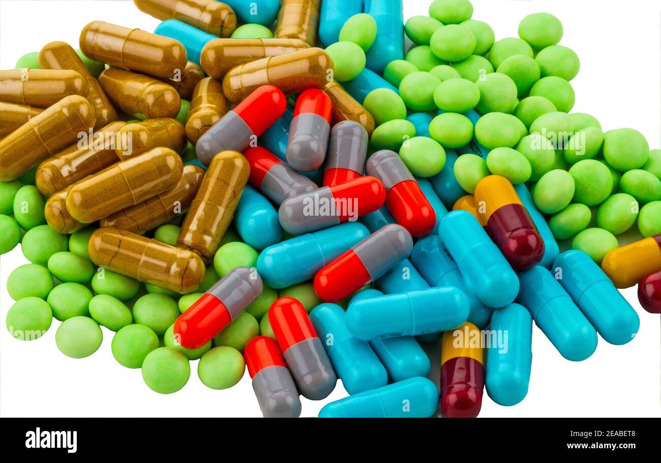 Many colorful medicines. Background or texture Stock Photo - Alamy