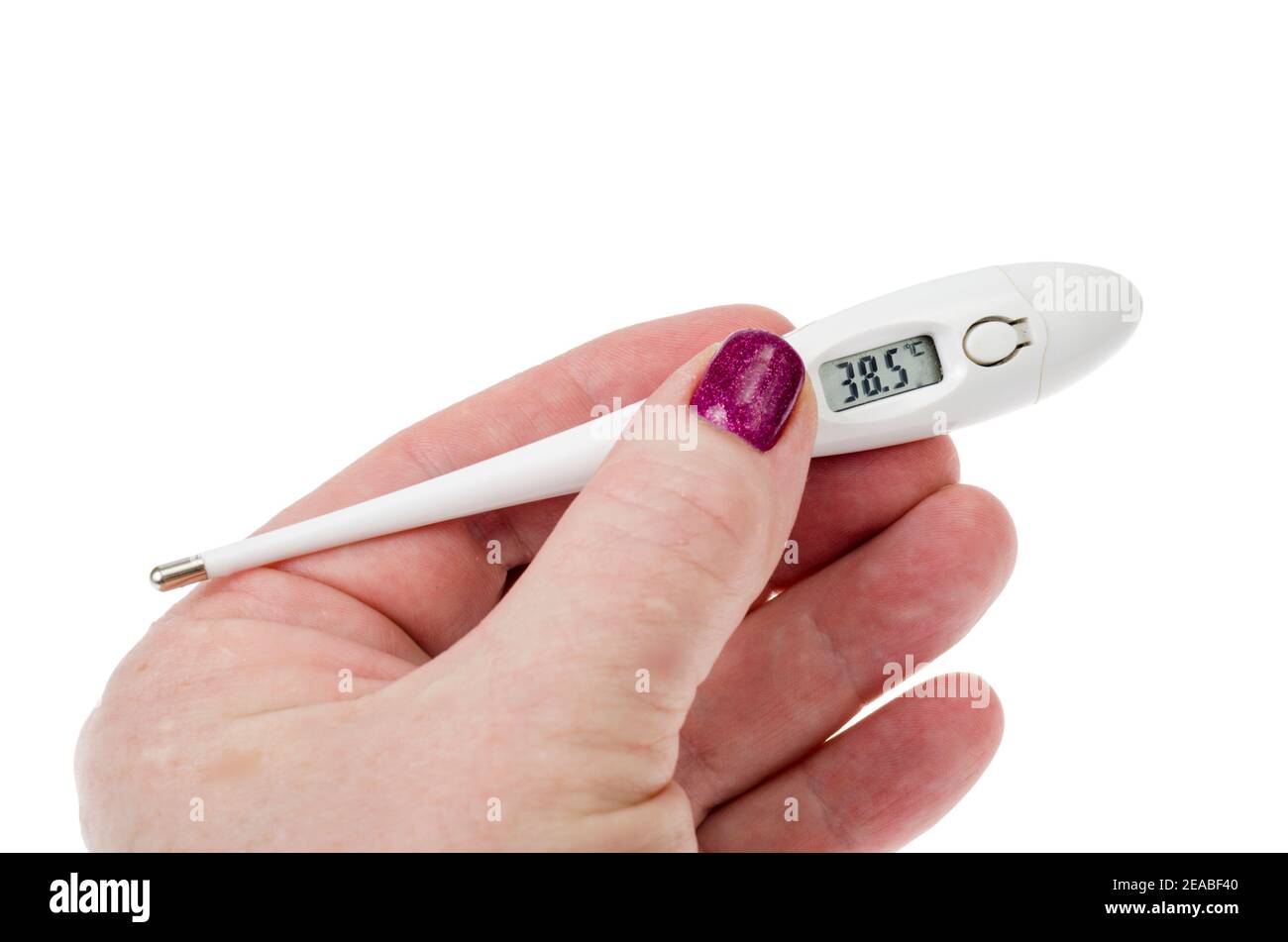 Female hand with electronic thermometer isolated on white background ...