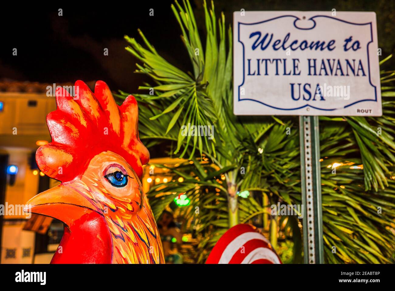 Close-up of rooster statue painted with American and Cuban flag colors ...