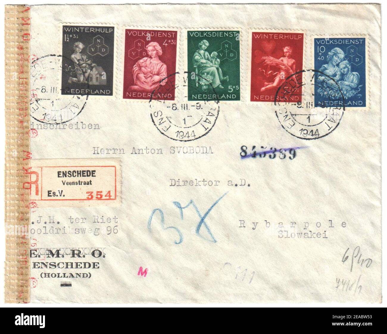 Netherlands 1944-03-08 censored cover Stock Photo - Alamy