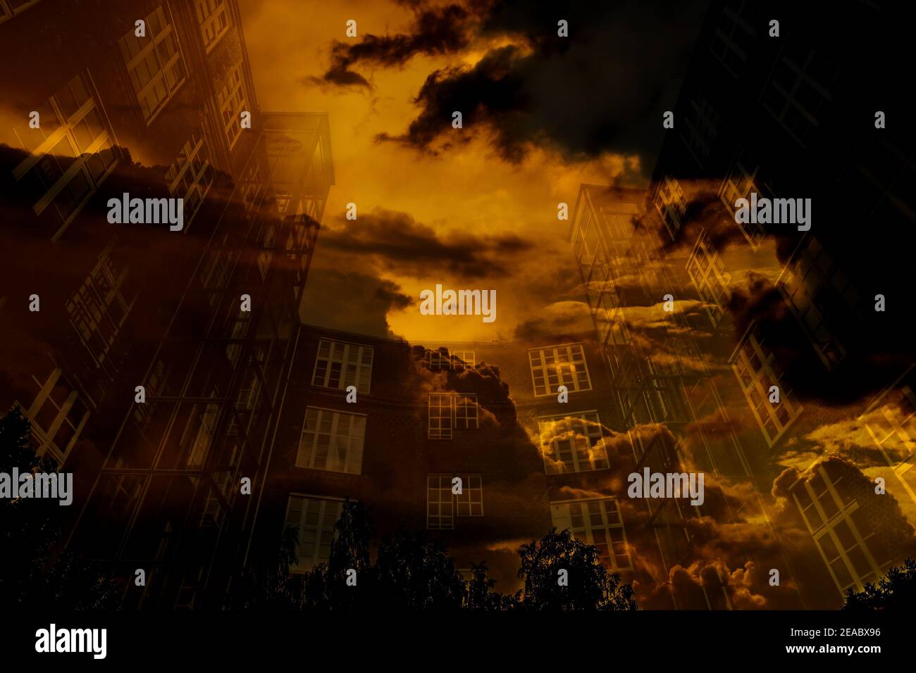 (M) Abstract picture with house and clouds in one, nature versus city ...