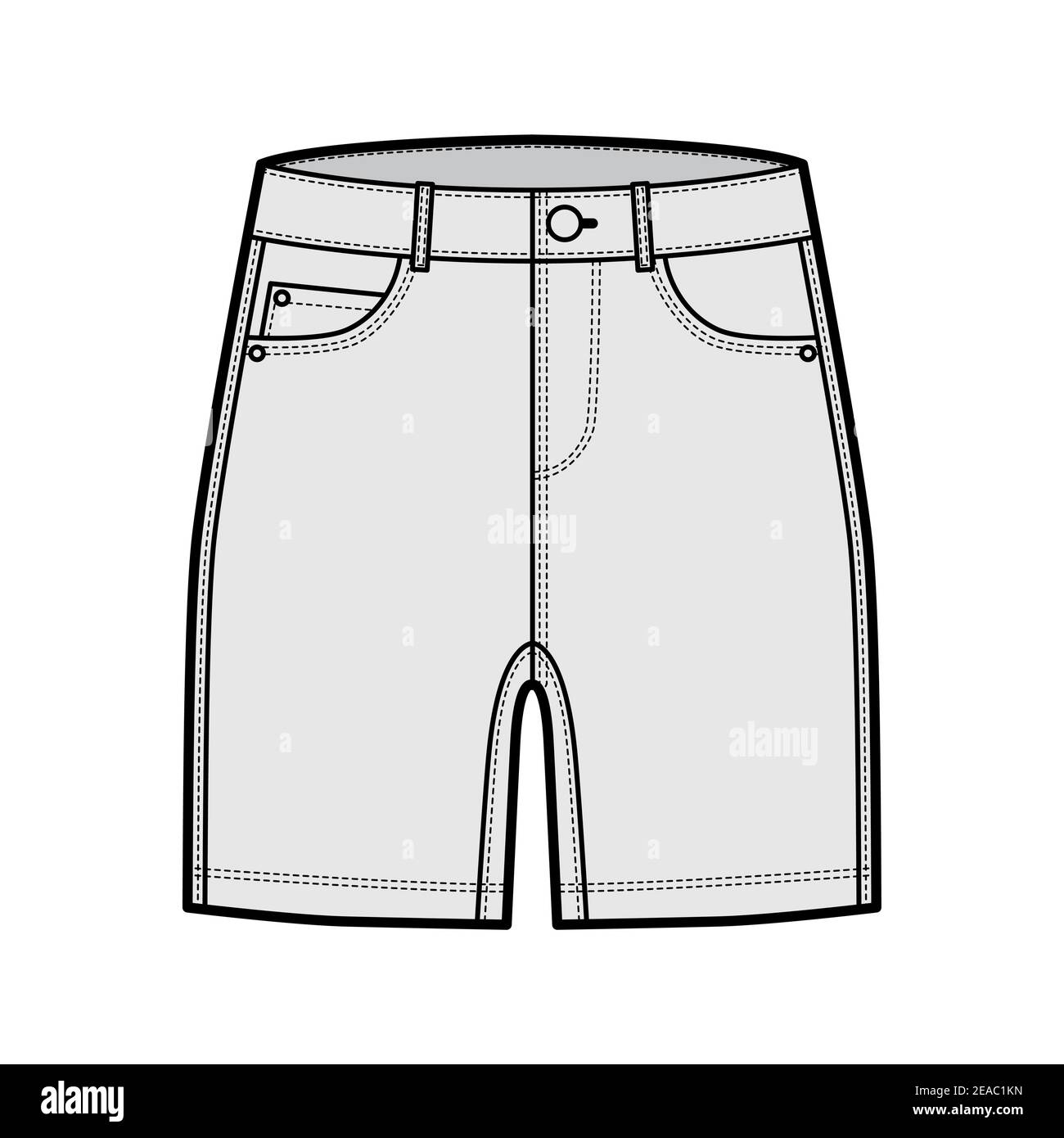Denim short pants technical fashion illustration with mid-thigh length ...