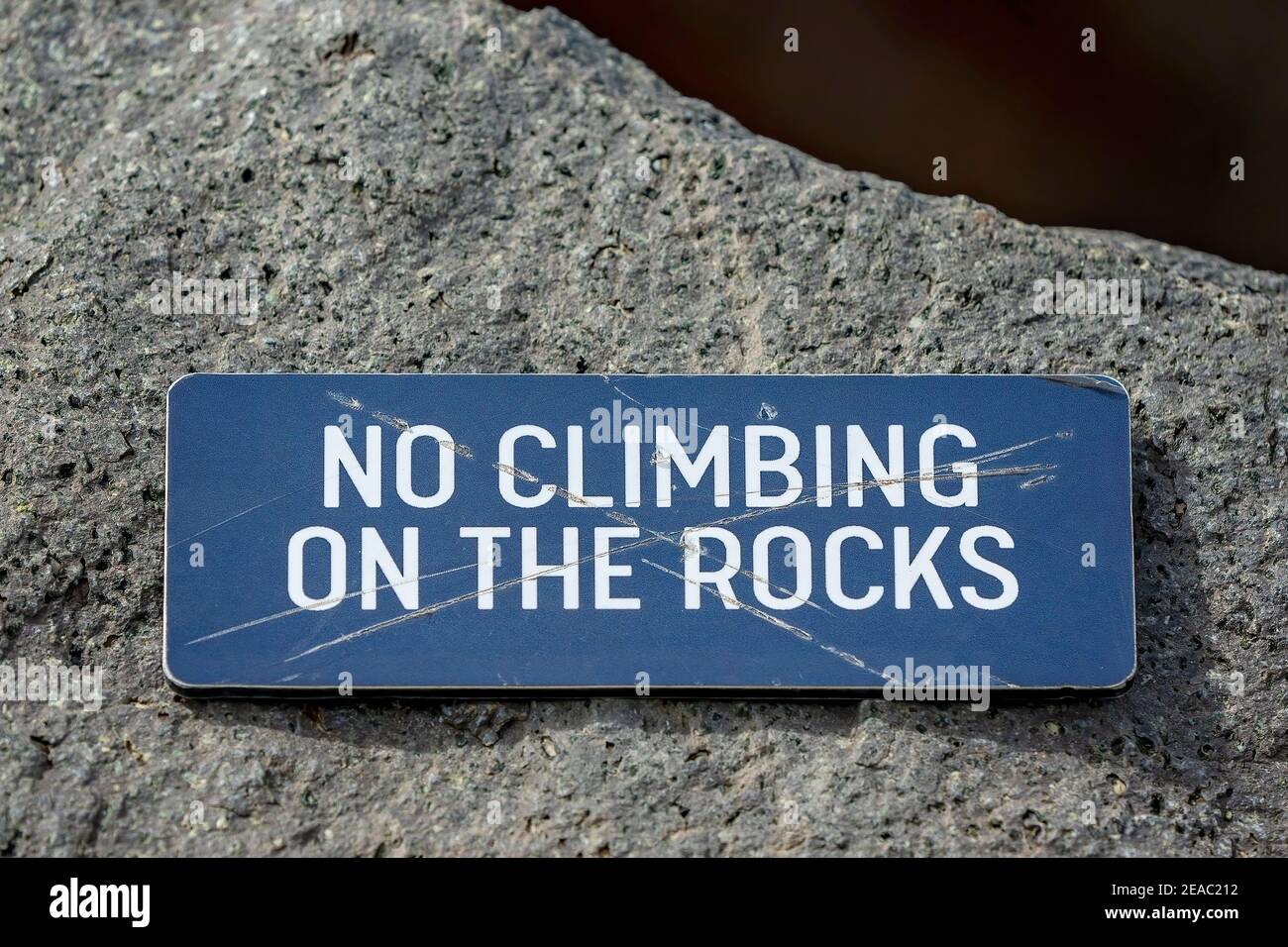 No Climbing On The Rocks Signage fixed to a large rock Stock Photo - Alamy