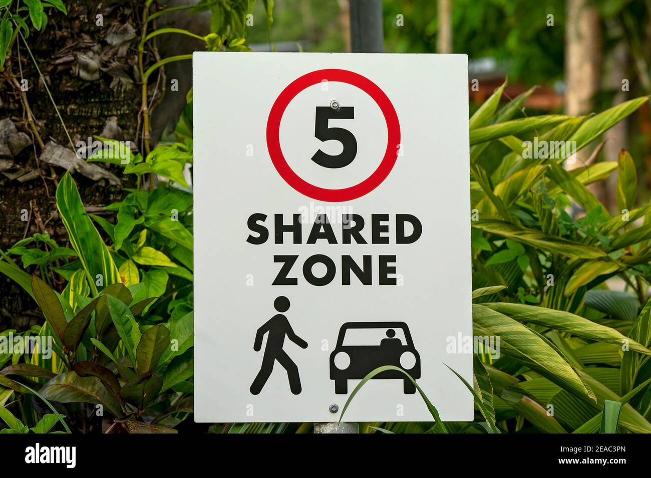 Shared zone signage indicating people and cars use the road Stock Photo ...