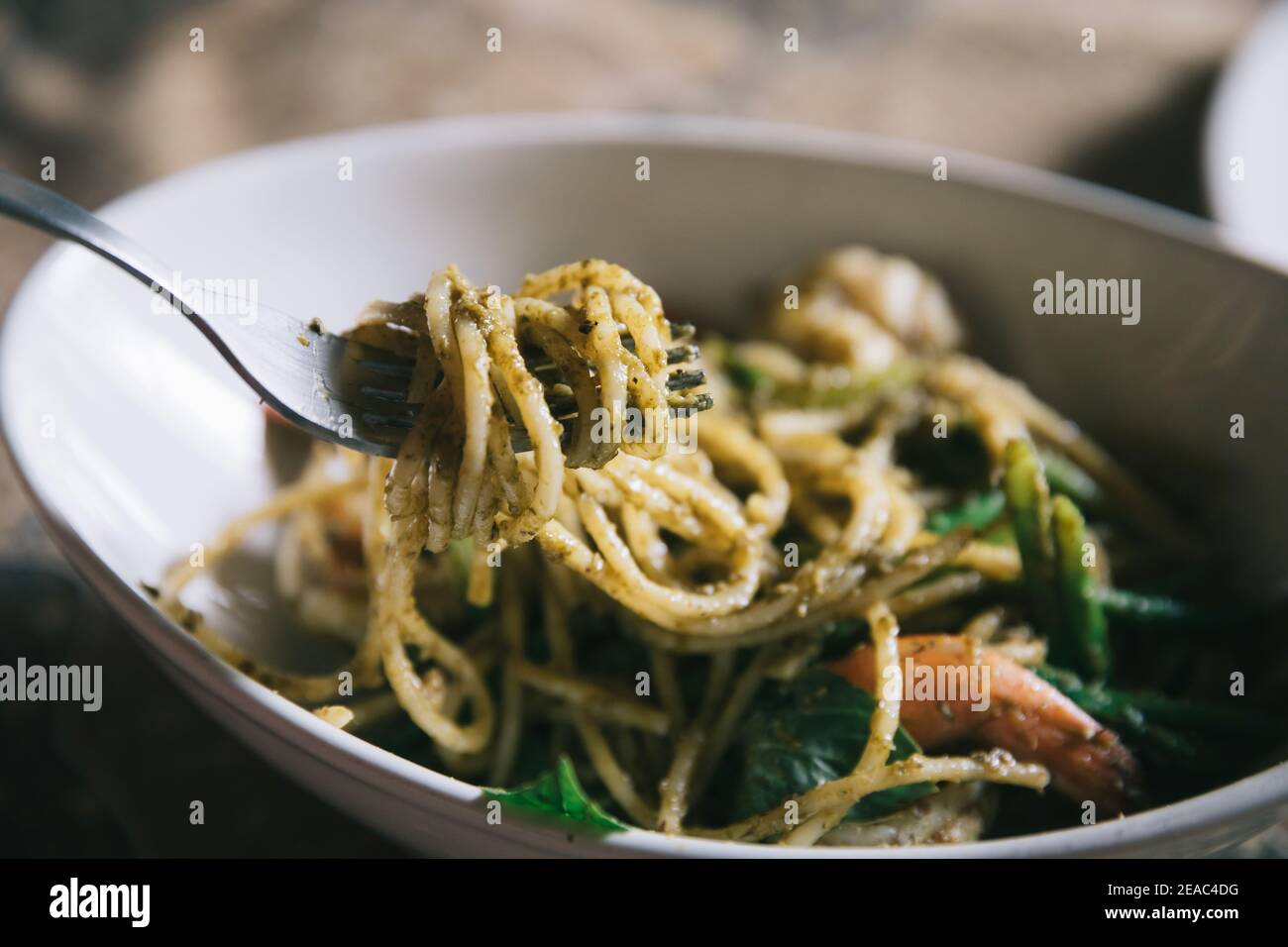 Pesto Spaghetti with shimp in high contrast italian food Stock Photo ...