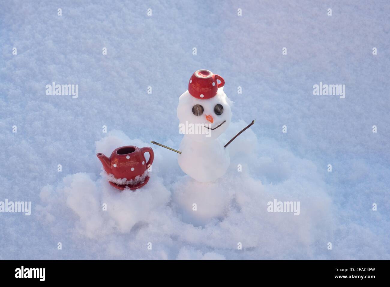 Tea or coffee break. Little snowman with coffee tea cup. Snowy weather ...