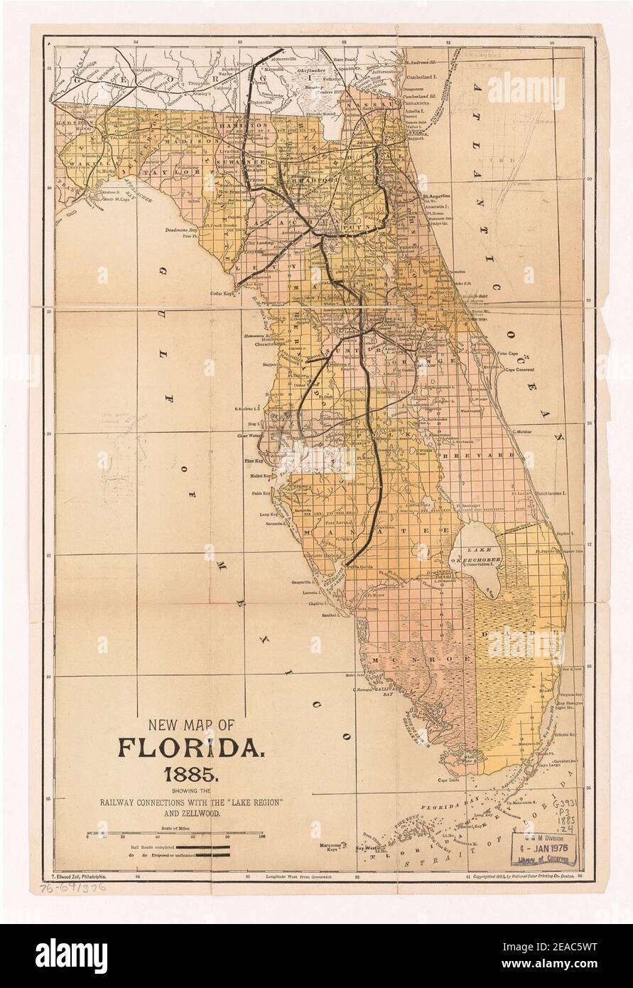 New map of Florida, 1885, showing the railway connections with the ...