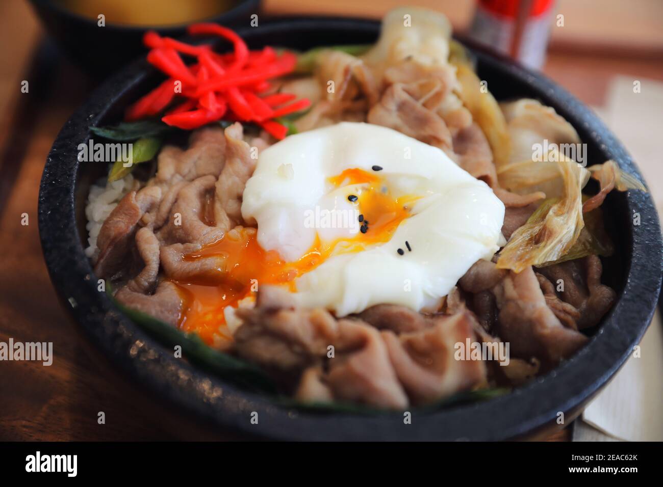 Japanese food Gyudon Japanese beef on rice bowl topped with egg on ...