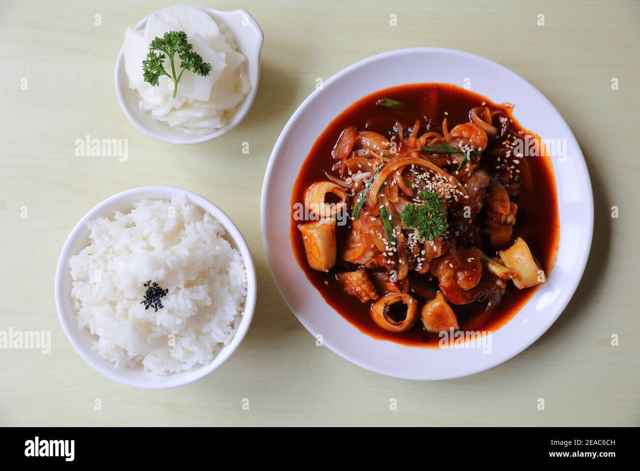 Seafood with korean sauce with rice Stock Photo - Alamy