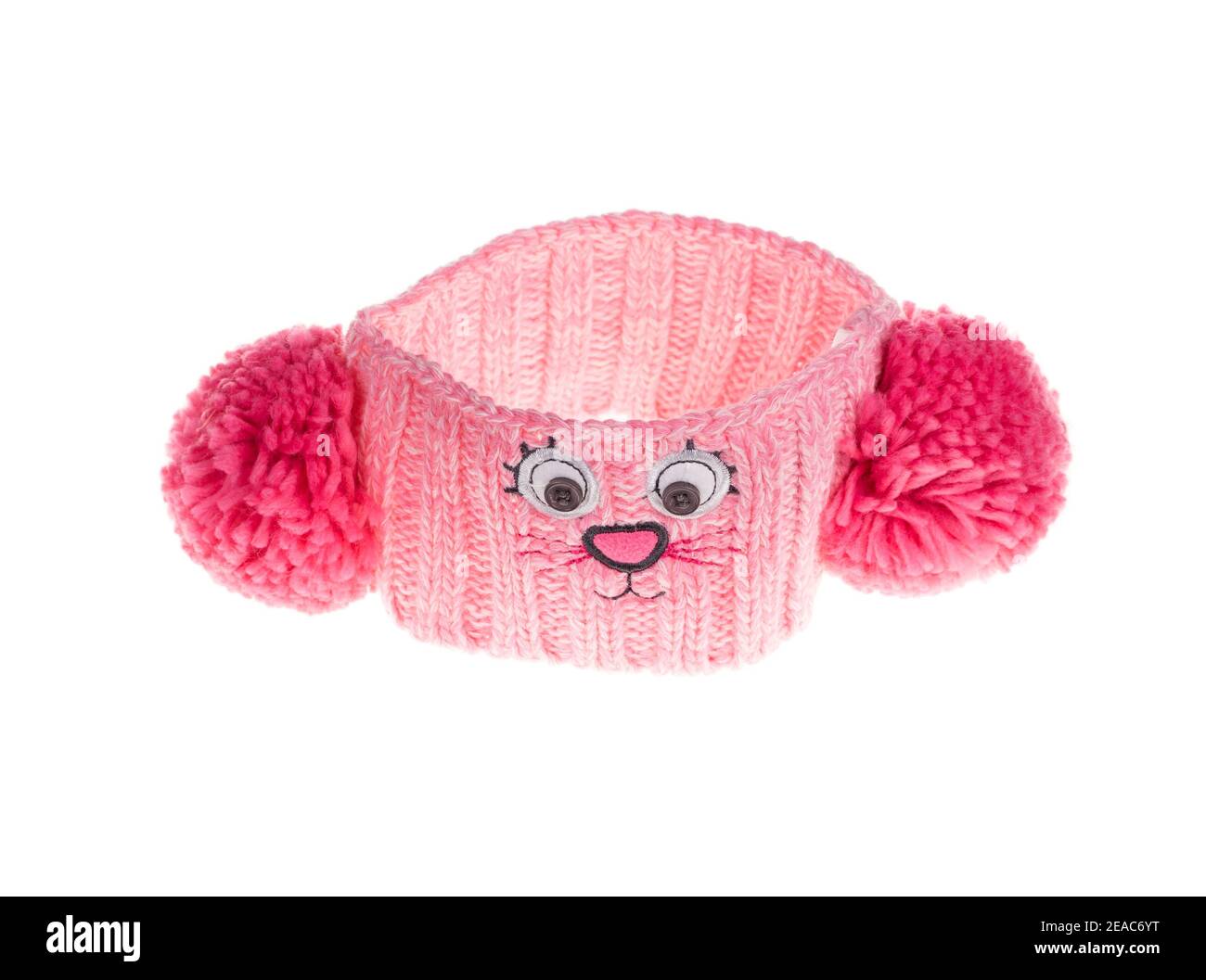 Knitted children's head bandage face of cat. Isolated on the white ...