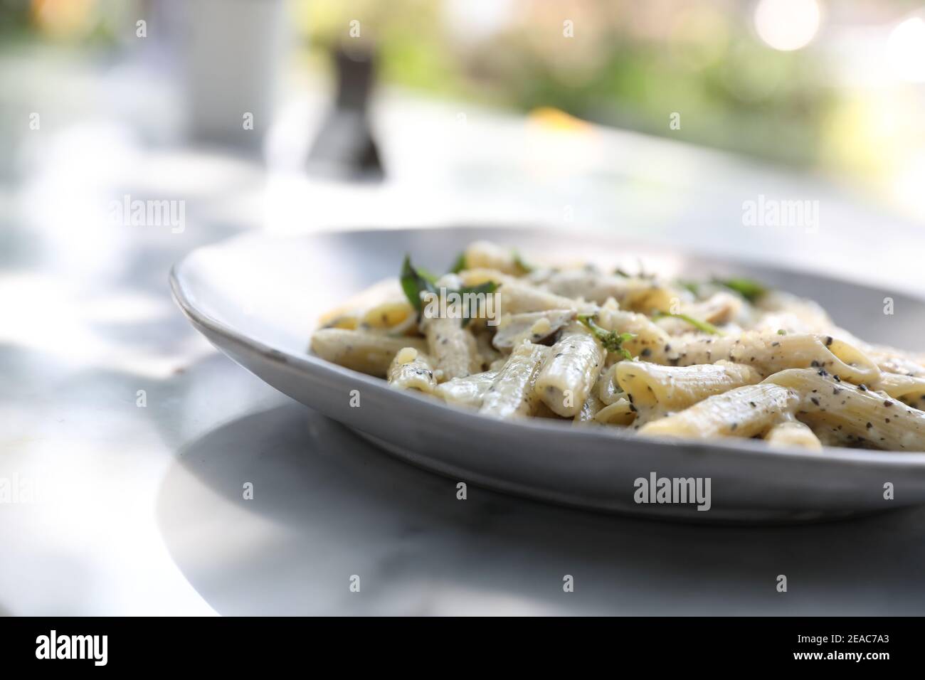 Penne pasta with white sauce and truffle , italian food Stock Photo - Alamy