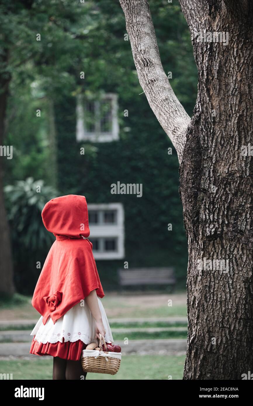 Portrait young woman with Little Red Riding Hood costume in green tree ...
