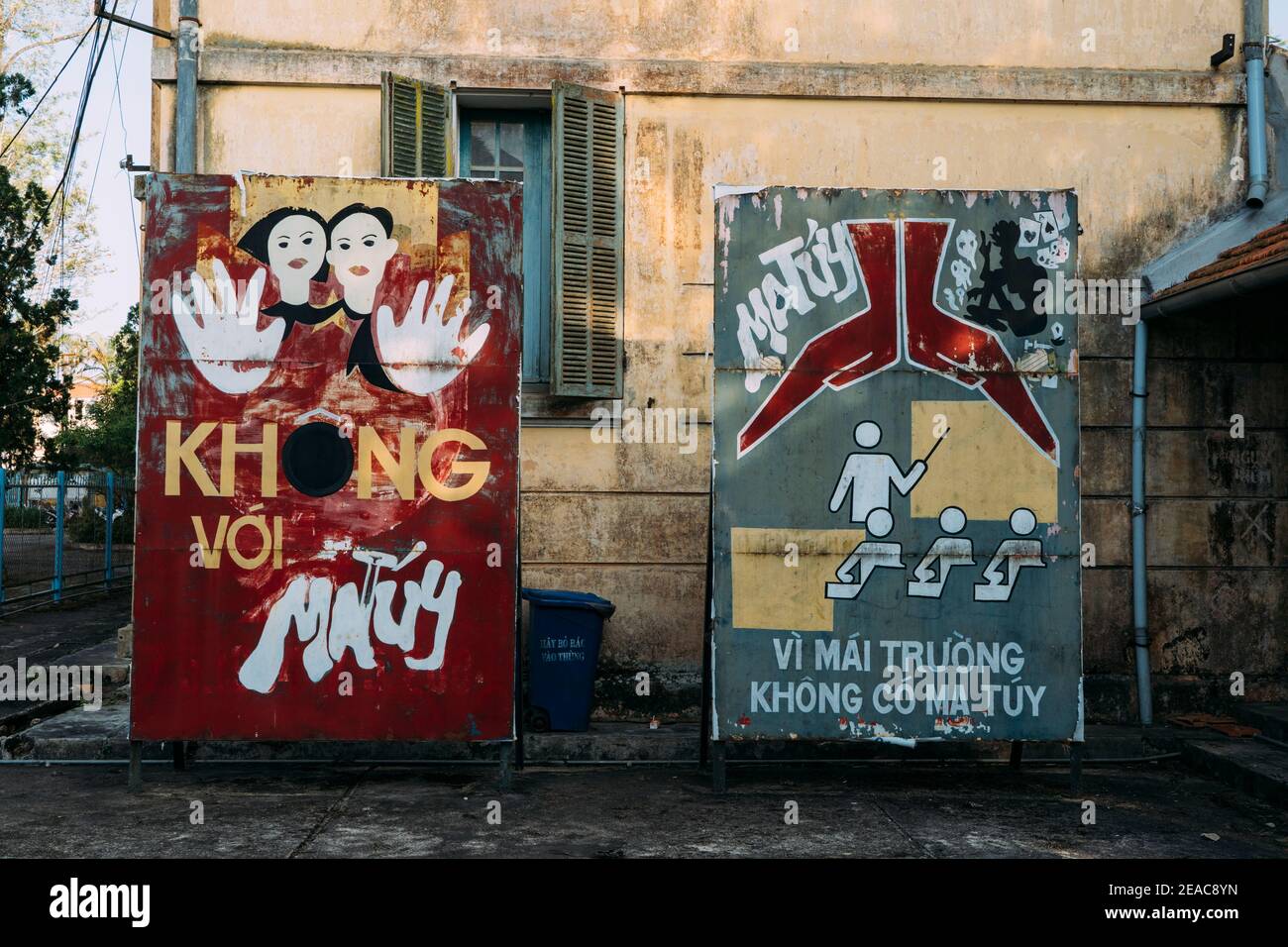 Two old, vintage vietnamese signs at school in dalat, Vietnam Stock ...