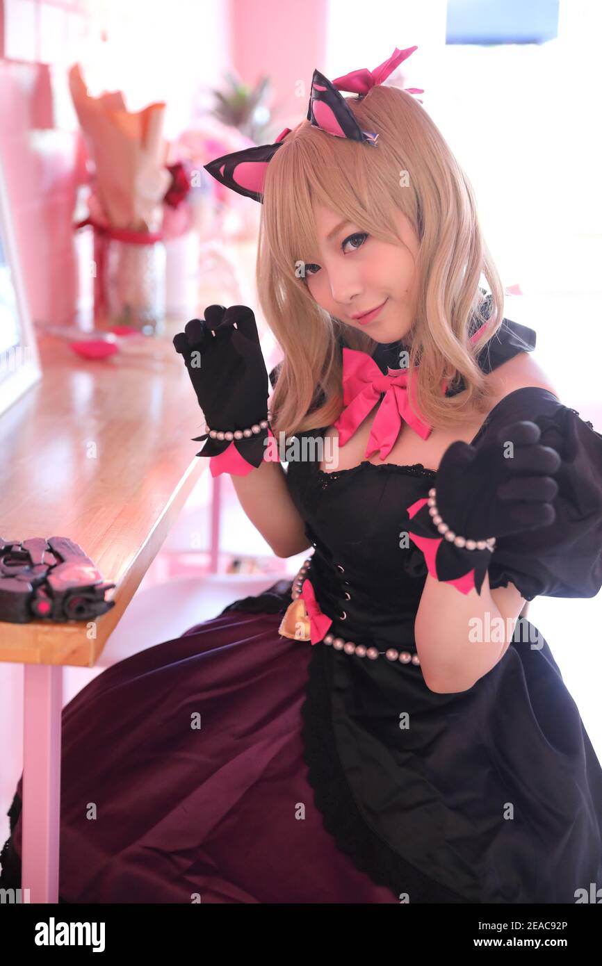 Japan anime cosplay , portrait of girl cosplay in pink room background ...
