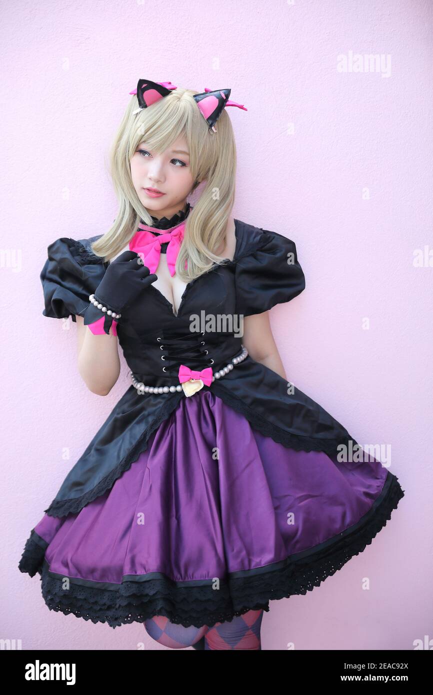 Japan anime cosplay , portrait of girl cosplay in pink room background ...