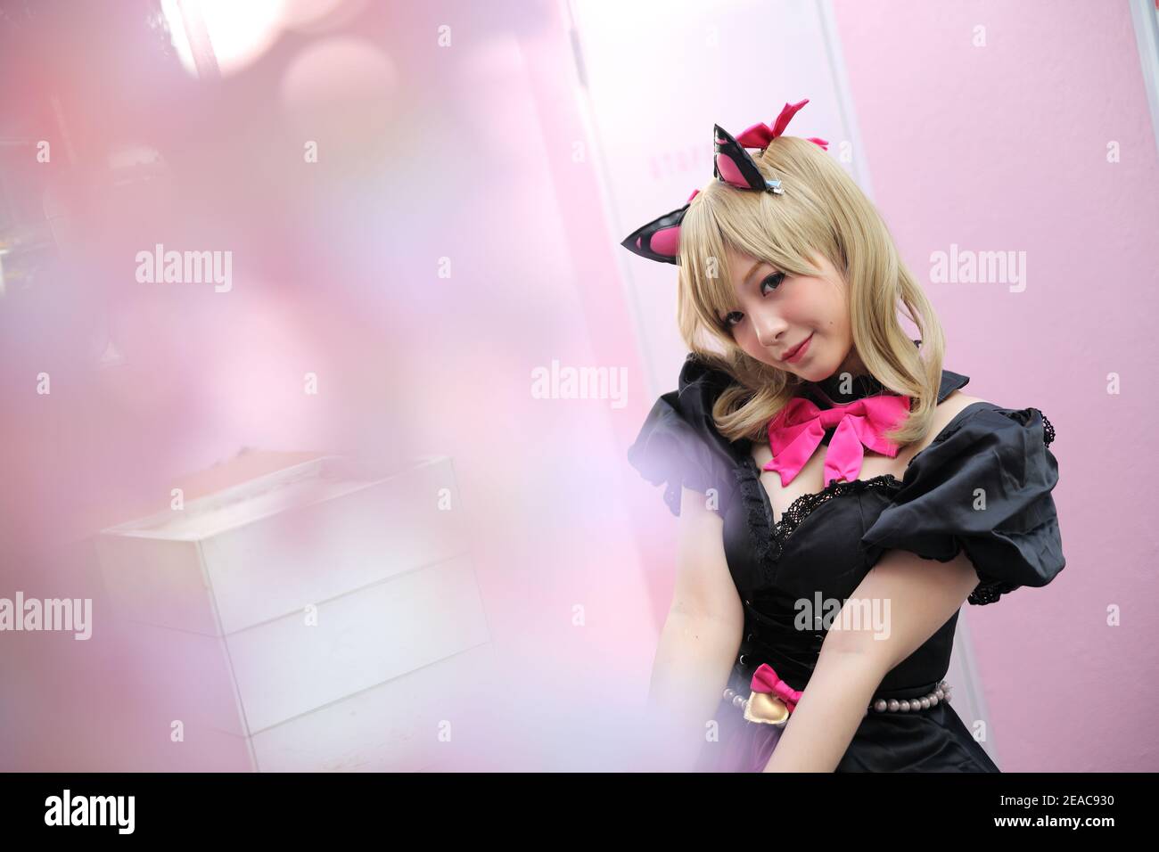 Japan anime cosplay , portrait of girl cosplay in pink room background ...