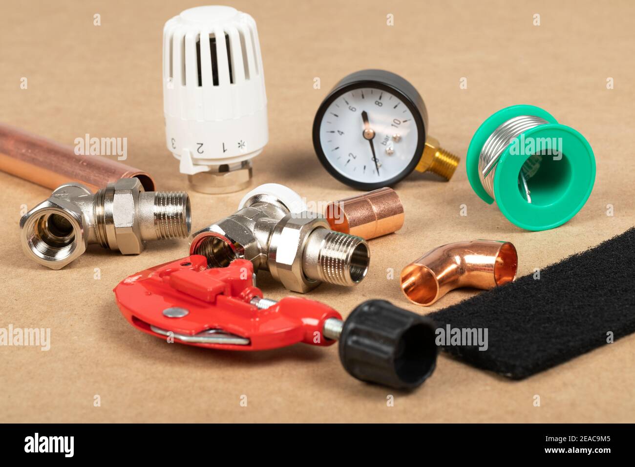 Objects of home heating system: brass valve, thermostatic valve, pipe ...