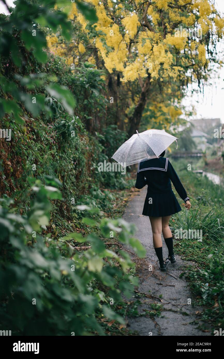 Portrait of Asian school girl walking with umbrella at nature walkway ...