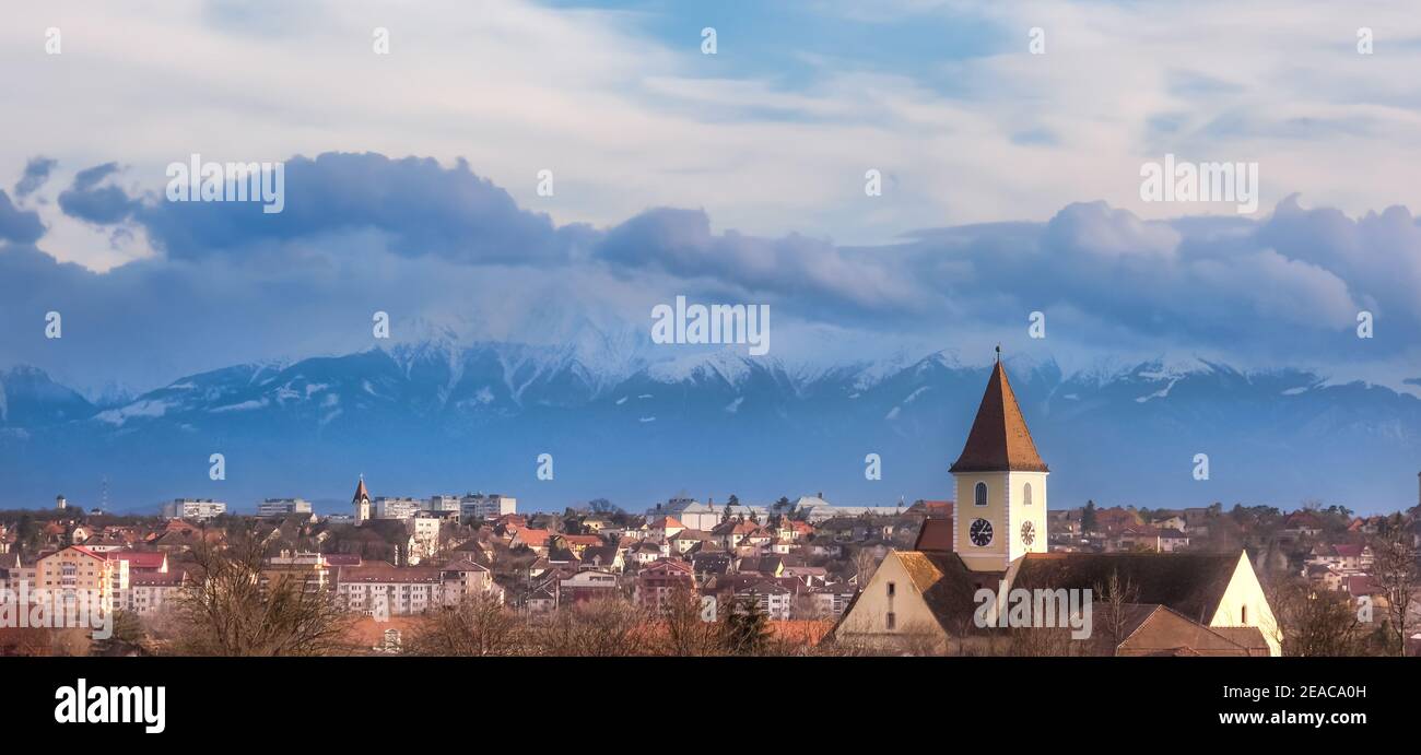 Sibiu city with the Fagaras Mountains in the back, Romania Stock Photo ...