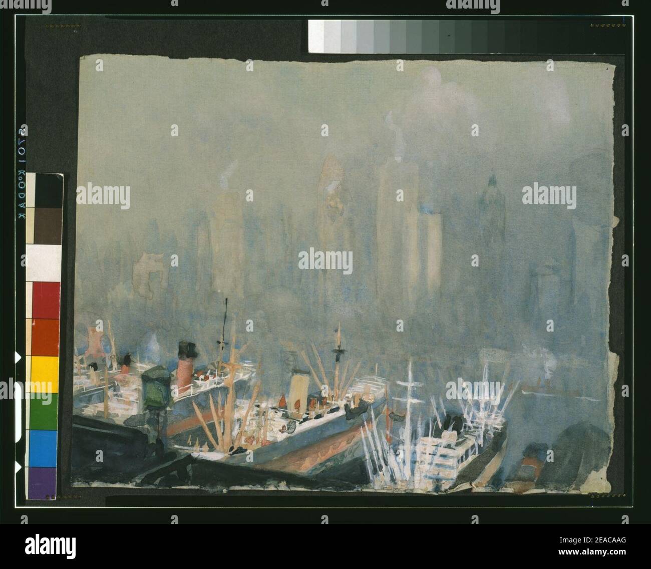 New York City skyline from Brooklyn Harbor, ships docked in foreground ...
