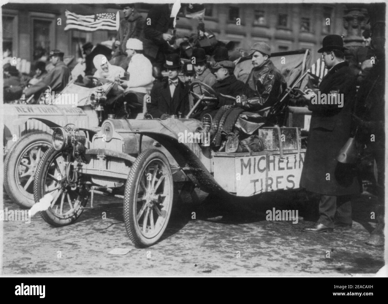 New York to Paris auto race, 1908- reporters interviewing drivers at ...