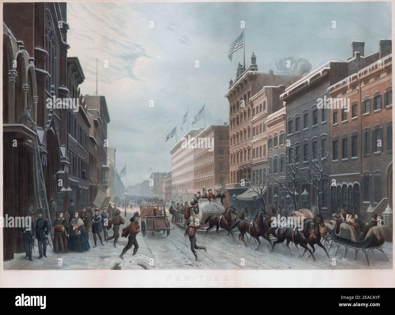 New York winter scene in Broadway, by Paul Girardet after Hippolyte ...