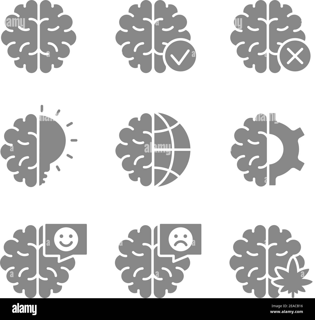 Set of human brain gray icon. Head organ illness, rating, health ...