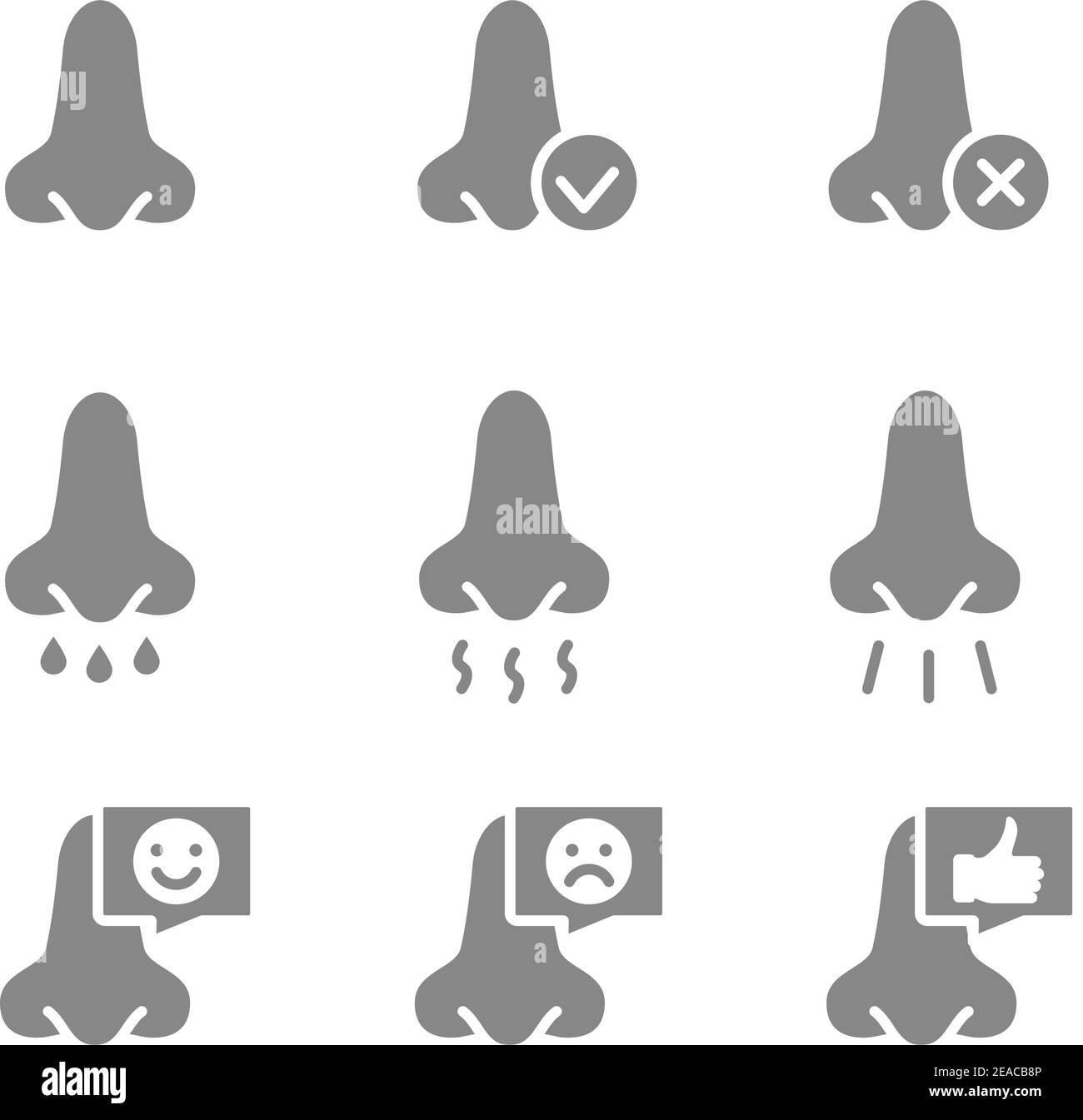 Set of human nose grey icon. Healthy olfactor organ, diseases of nose ...