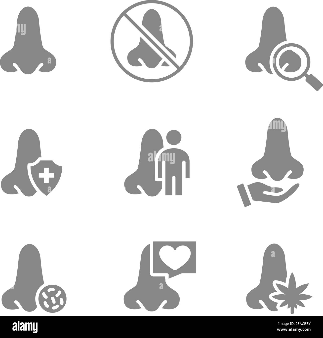 Set of human nose grey icon. Healthy olfactor organ, nose and paranasal ...