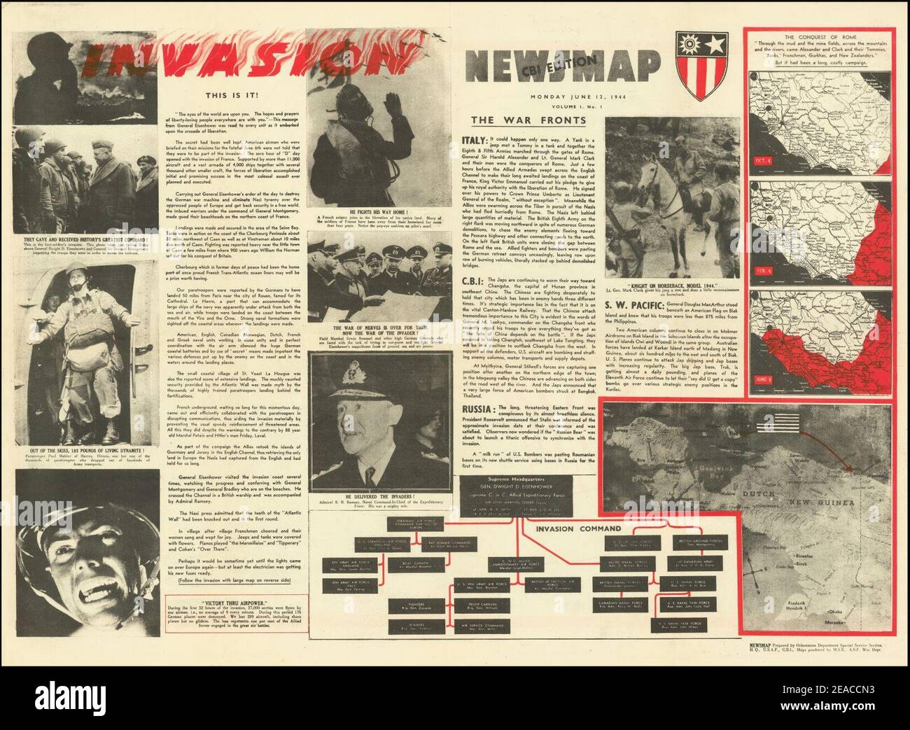 Newsmap Monday June 12, 1944 showing the Normandy landings Stock Photo ...