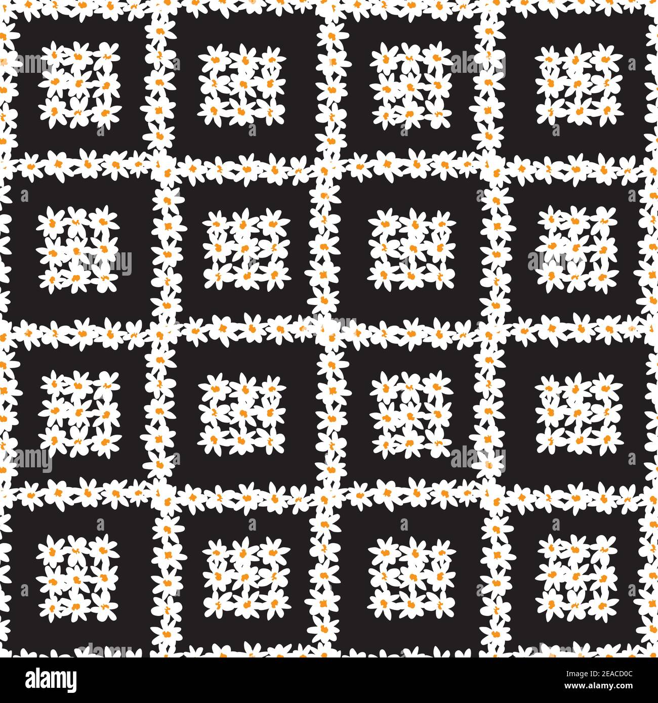 Vector black and white fun daisy flowers square blocks repeat pattern ...