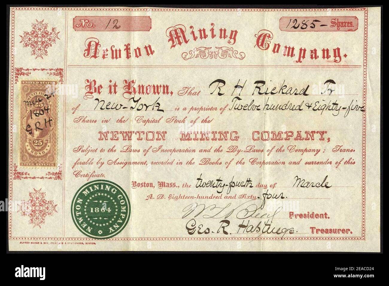 Newton Mining Co stock 1864 Stock Photo - Alamy