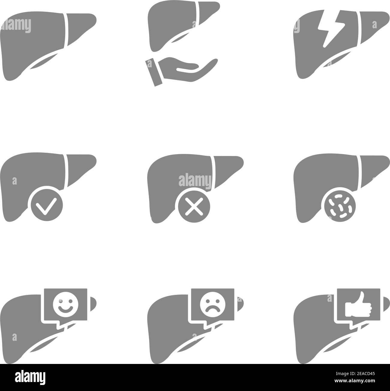 Set of human liver gray icon. Healthy accessory digestive organ ...