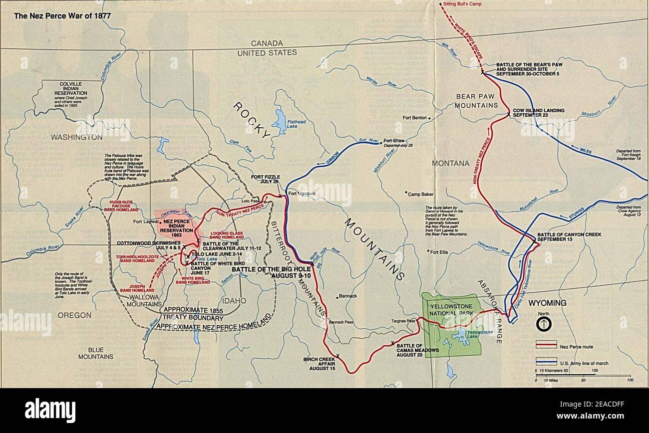 Nez Perce War battle map-1877 Stock Photo - Alamy